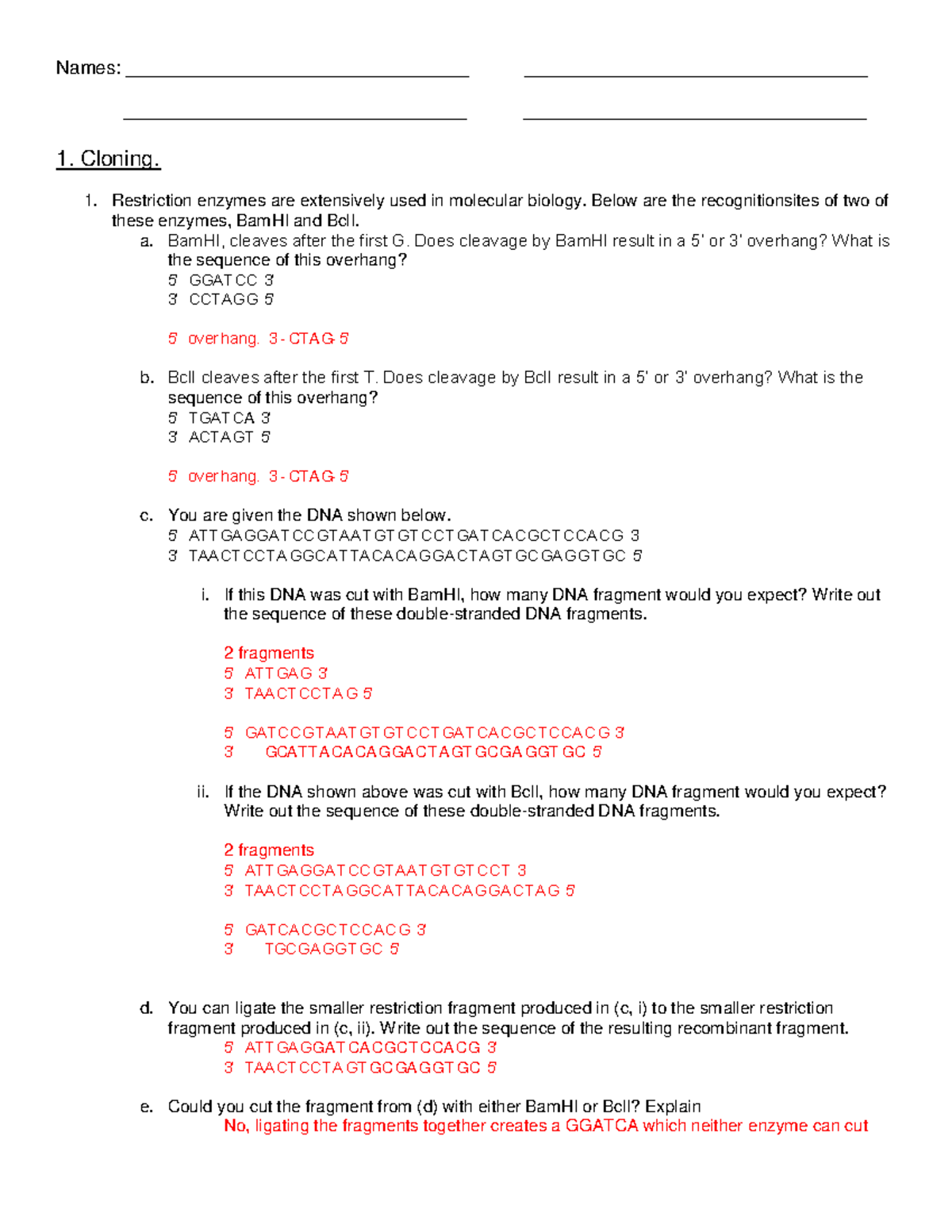BIOL+2344+Activity+8+Cloning+KEY - Names: 1. Cloning. 1. Restriction ...