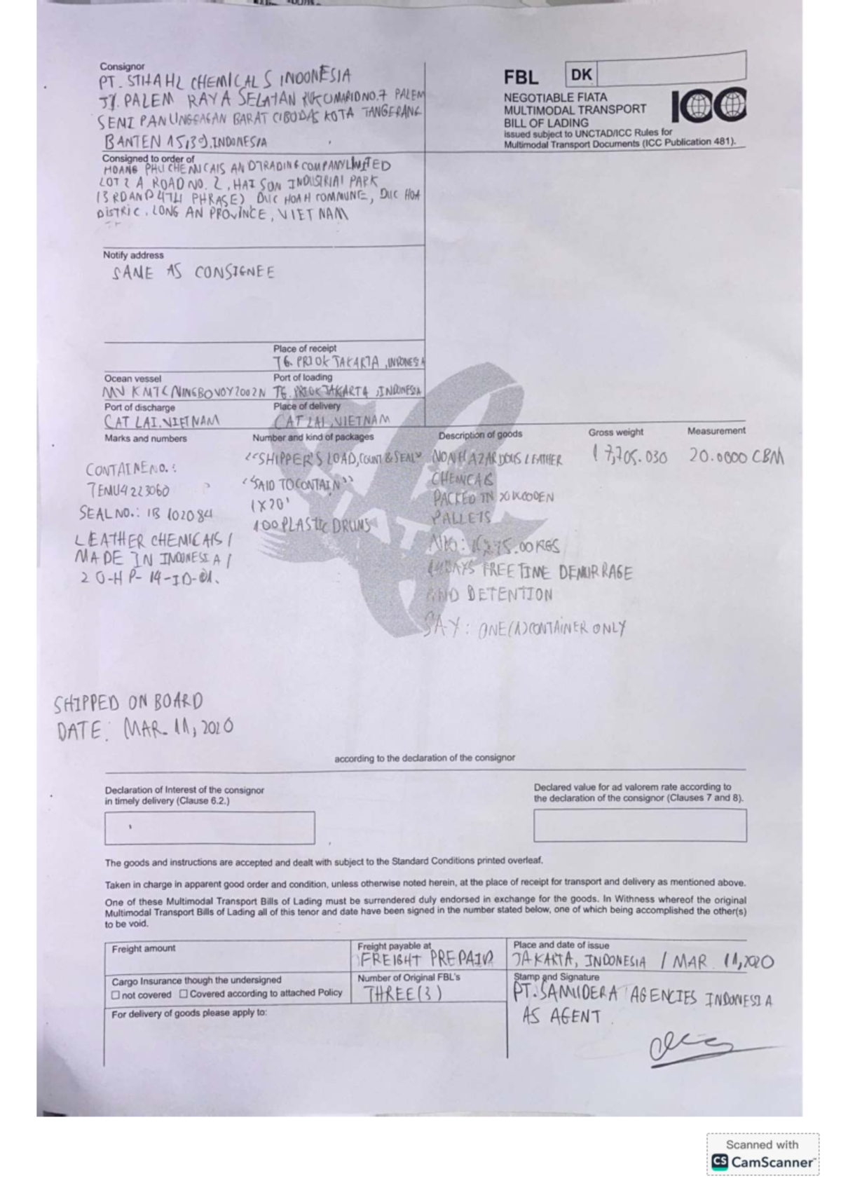 CTHAH 15153 Multimodal Transport Bill of Lading Details - Studocu