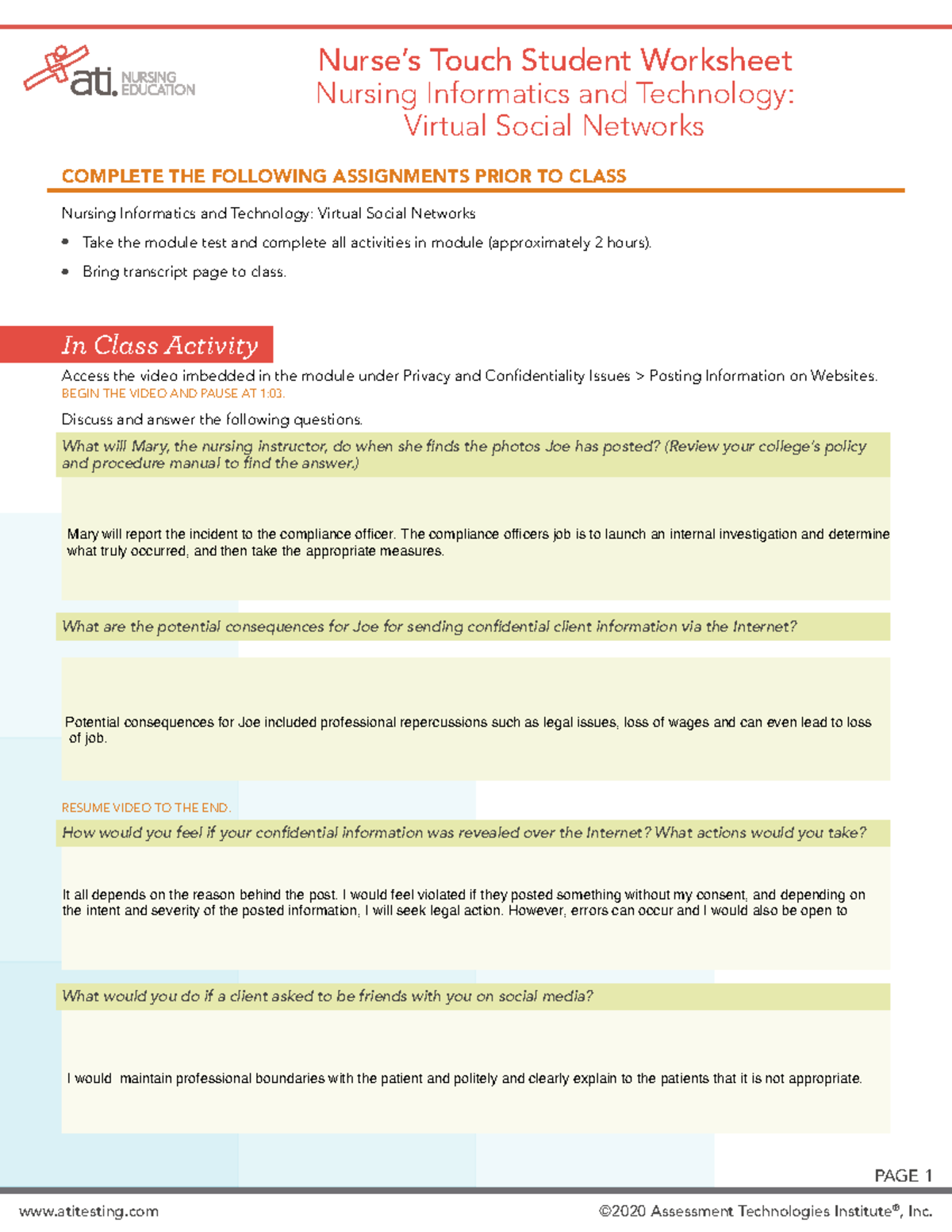 NUR 101: Student Worksheet on Nursing Informatics & Social Networks ...