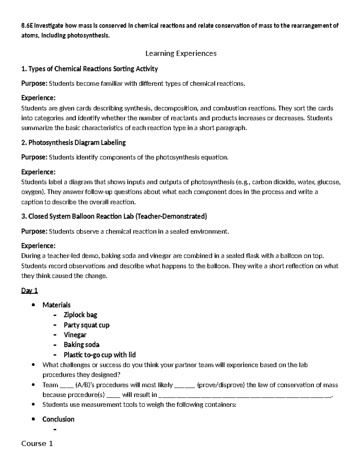 8.6E Conservation of Mass in Chemical Reactions & Photosynthesis - Studocu
