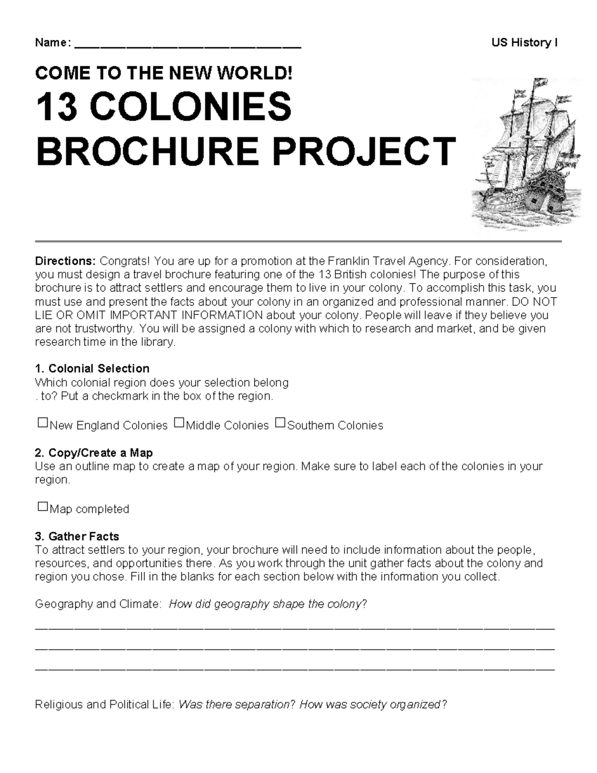 US History I: 13 Colonies Brochure Project Guidelines and Rubric - Studocu