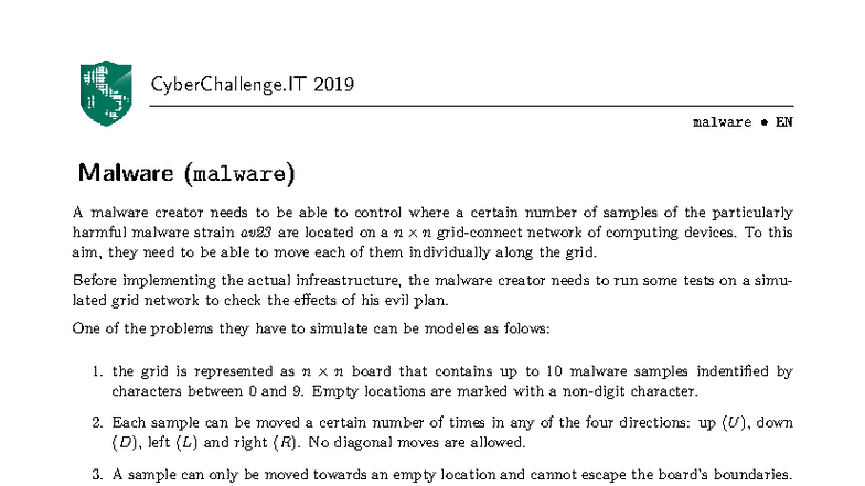 CyberChallenge.IT 2019 - Malware Simulation and Control - Studocu