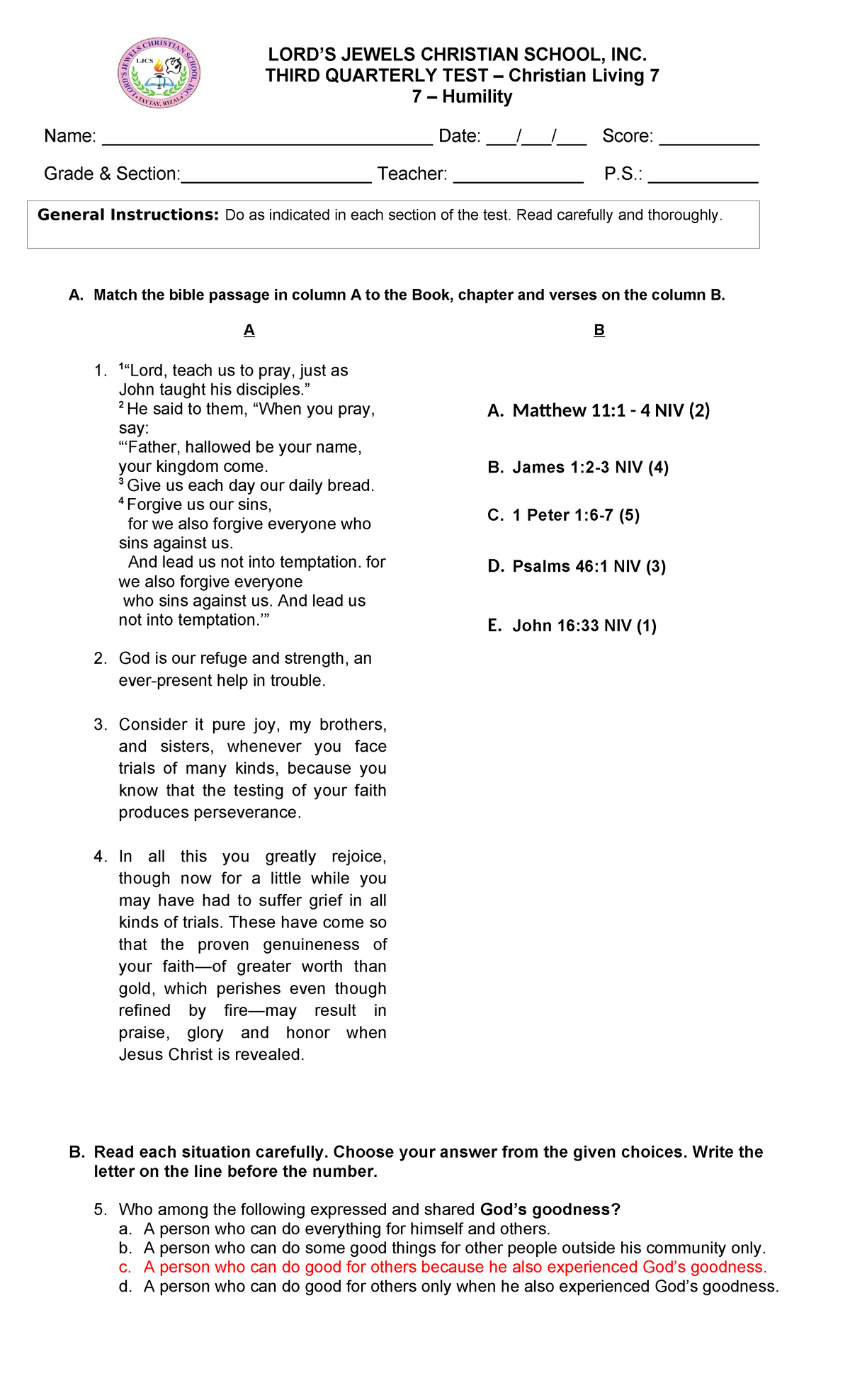 CL7 3Q Test 2024 - Final Exam in Christian Living 7: Humility - Studocu