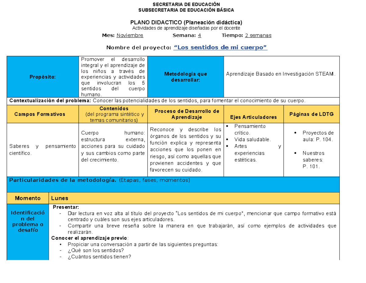 Los sentidos del cuerpo: Proyecto Didáctico y Metodología STEAM - Studocu