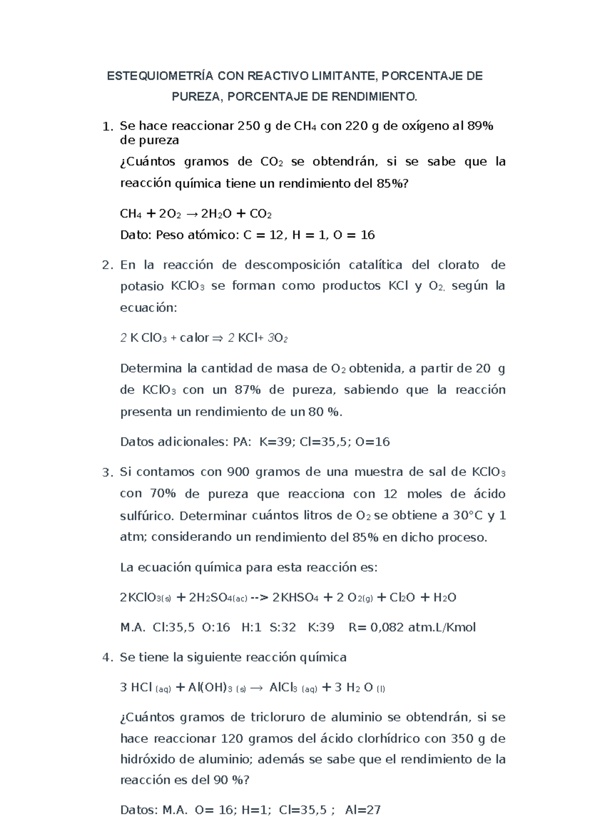 30 Ejercicios de Estequiometría: Reactivo Limitante y Rendimiento - Studocu