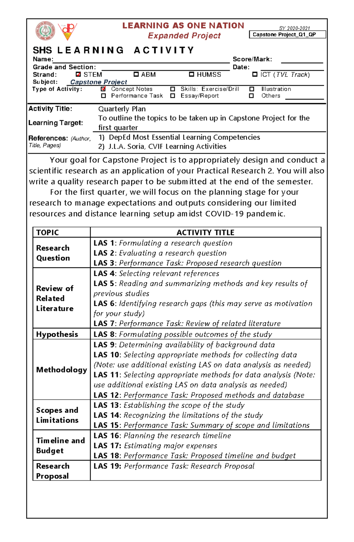 Ed Capstone Q1 Quarterly Plan and Activity Outline - Studocu