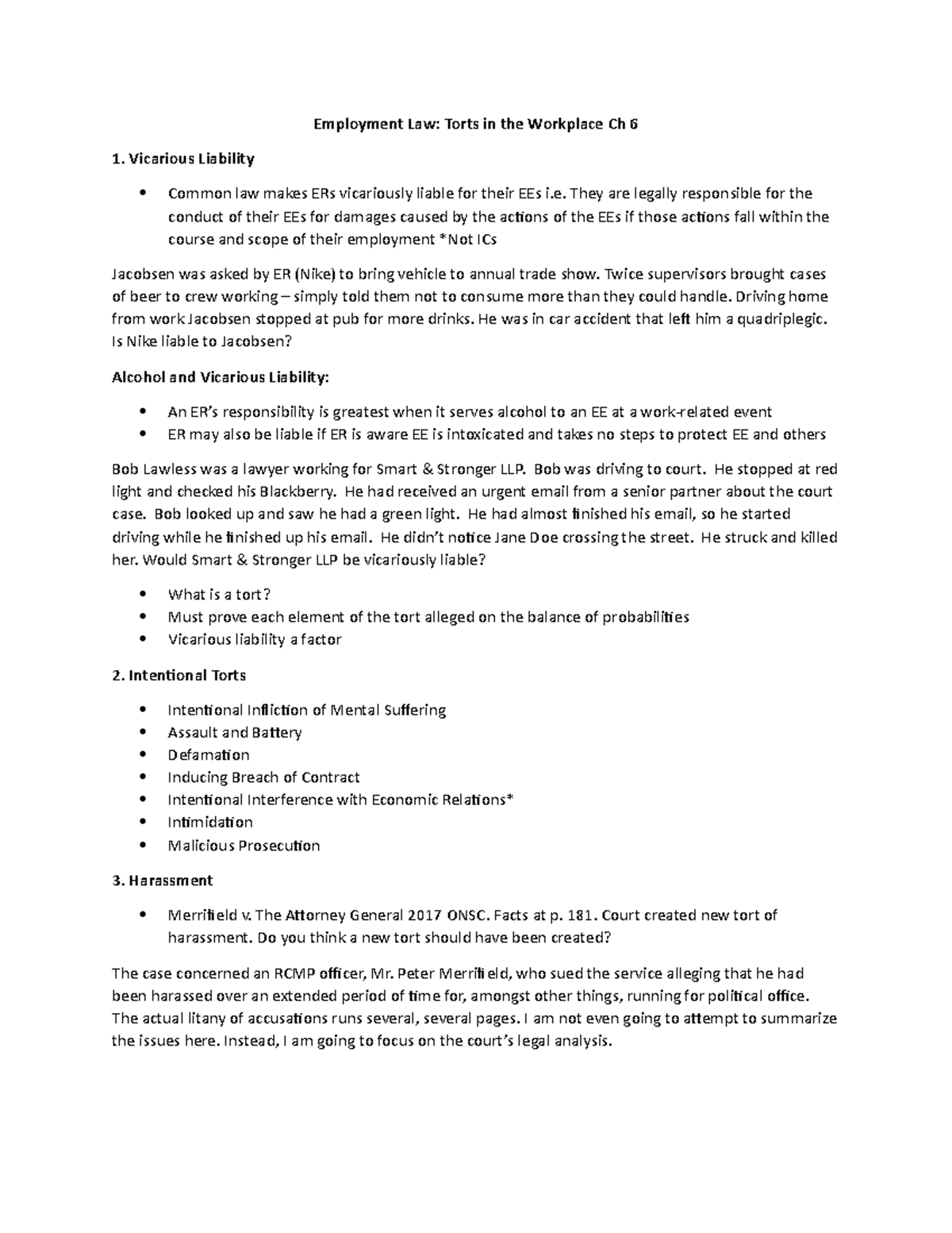 Employment Law: Torts in Workplace - Lecture Notes on Ch 6 - Studocu