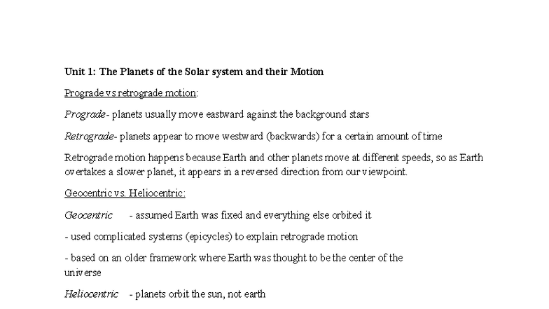 Unit 1: The Planets & Their Motion - Prograde vs Retrograde - Studocu