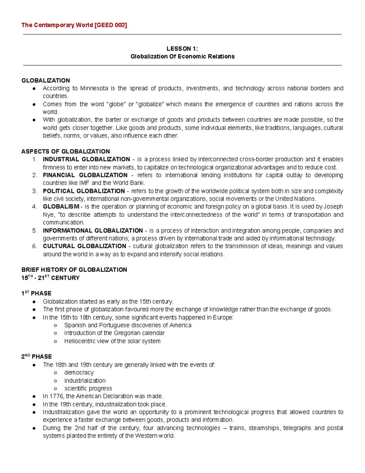 Lesson 1-11: Globalization and Economic Relations - GEED 003 - Studocu
