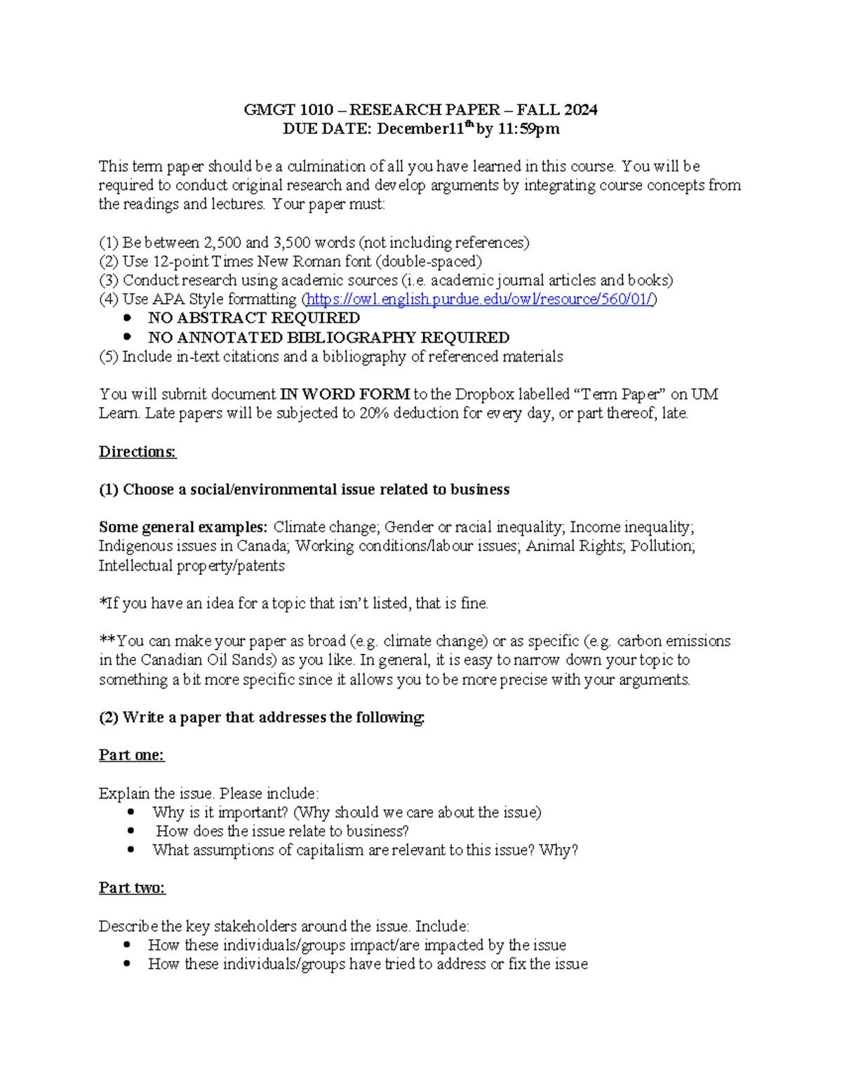 GMGT 1010 - Fall 2024 Research Paper Guidelines on Business Issues ...