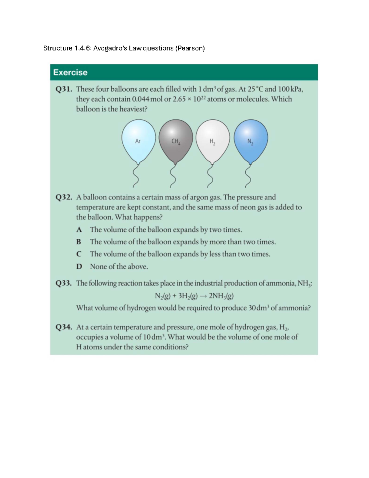 S1.4.6: Avogadro Law Questions and Exercises - Studocu