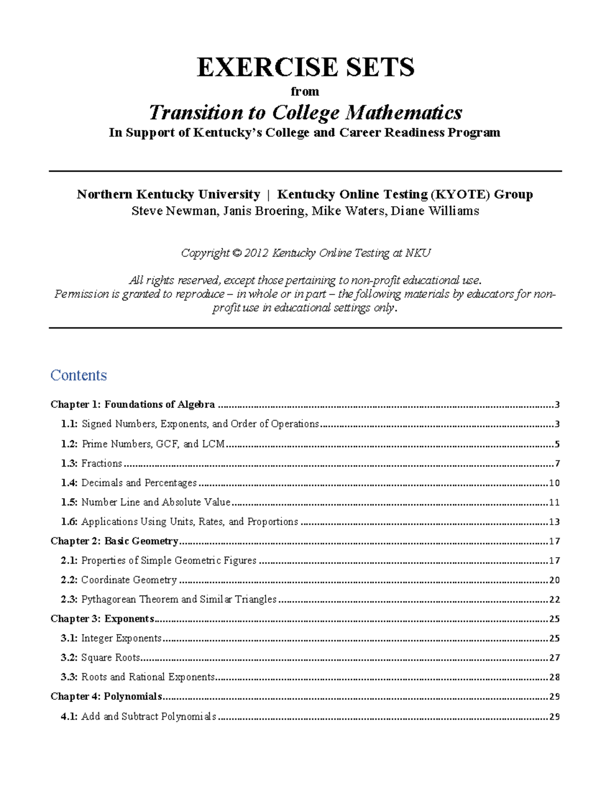 Transition to College Mathematics: Exercise Sets for Algebra & Geometry ...