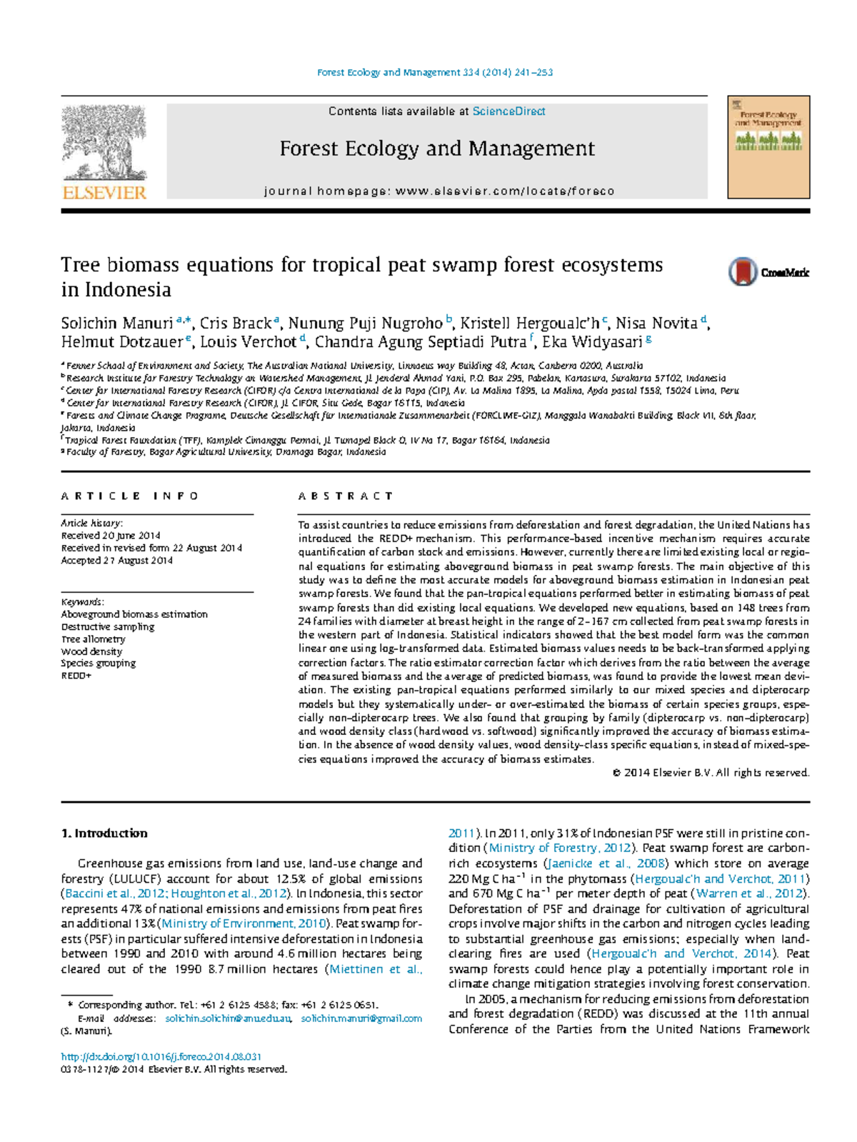 Tree Biomass Equations for Tropical Peat Swamp Forests in Indonesia ...