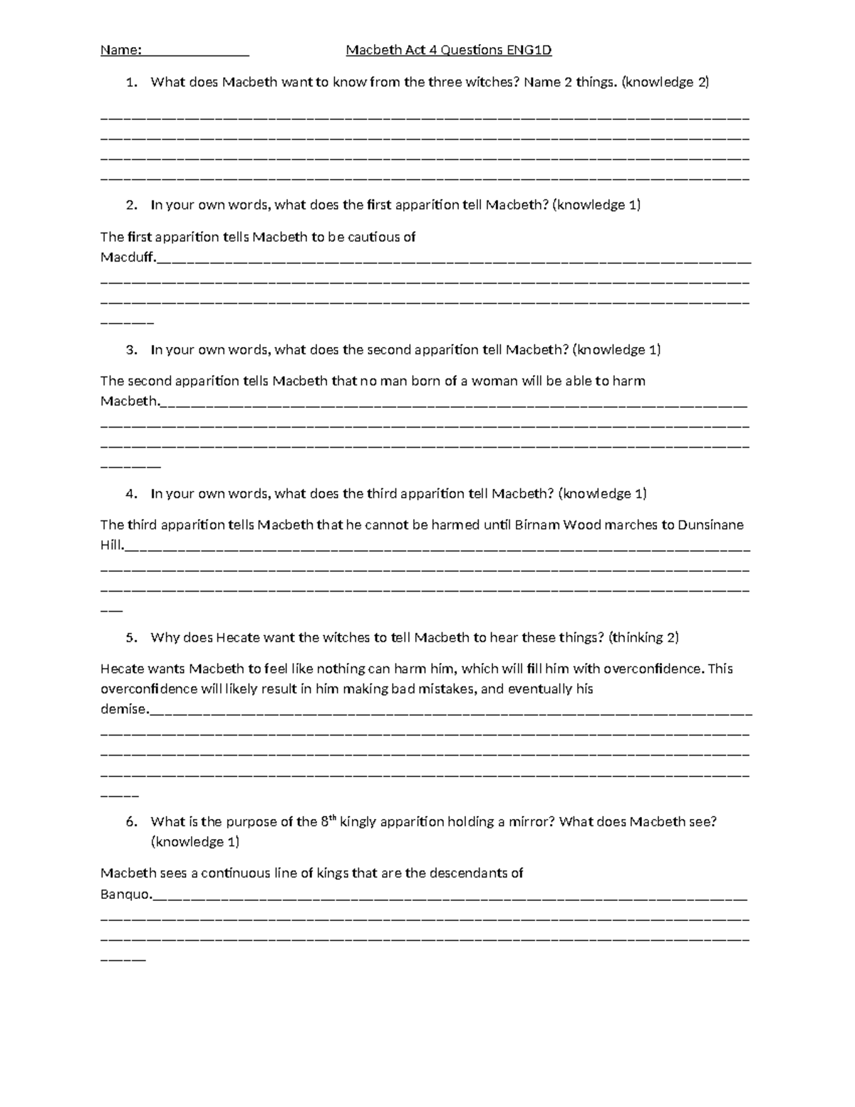 Macbeth Act 4 Questions & Answers ENG1D: Analysis & Insights - Studocu