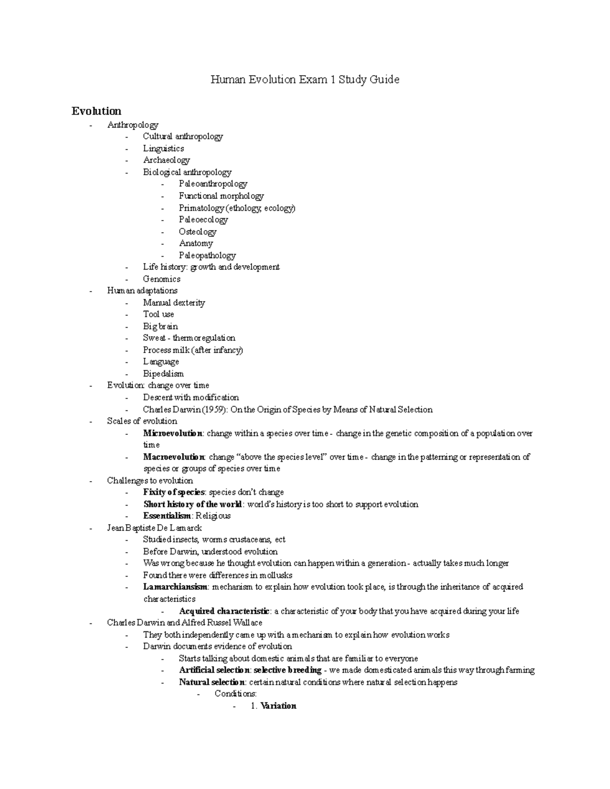 Human Evolution Exam 1 Study Guide: Key Concepts & Theories - Studocu