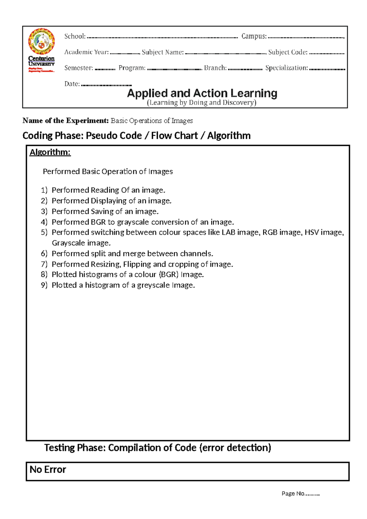 Experiment 1: Basic Image Operations & Coding Flow Chart - Studocu