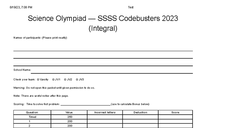 Codebusters 2023 (Integral) Test Instructions and Questions - Studocu