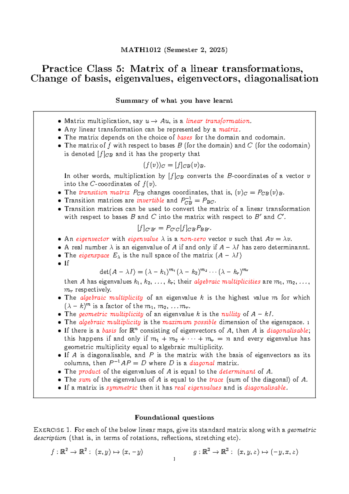 MATH1012 Semester 2, 2025 Practice Class 5 Solutions: Linear Transformations & - Studocu