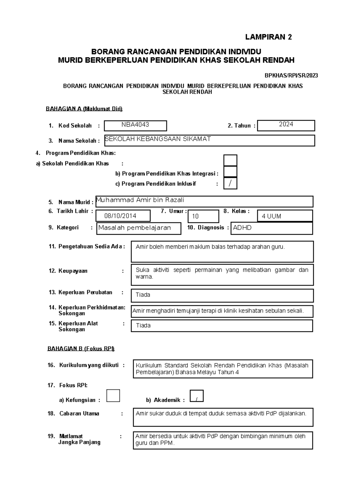 Rancangan Pendidikan Individu untuk Murid Khas BPKHAS/RPI/SR - Studocu