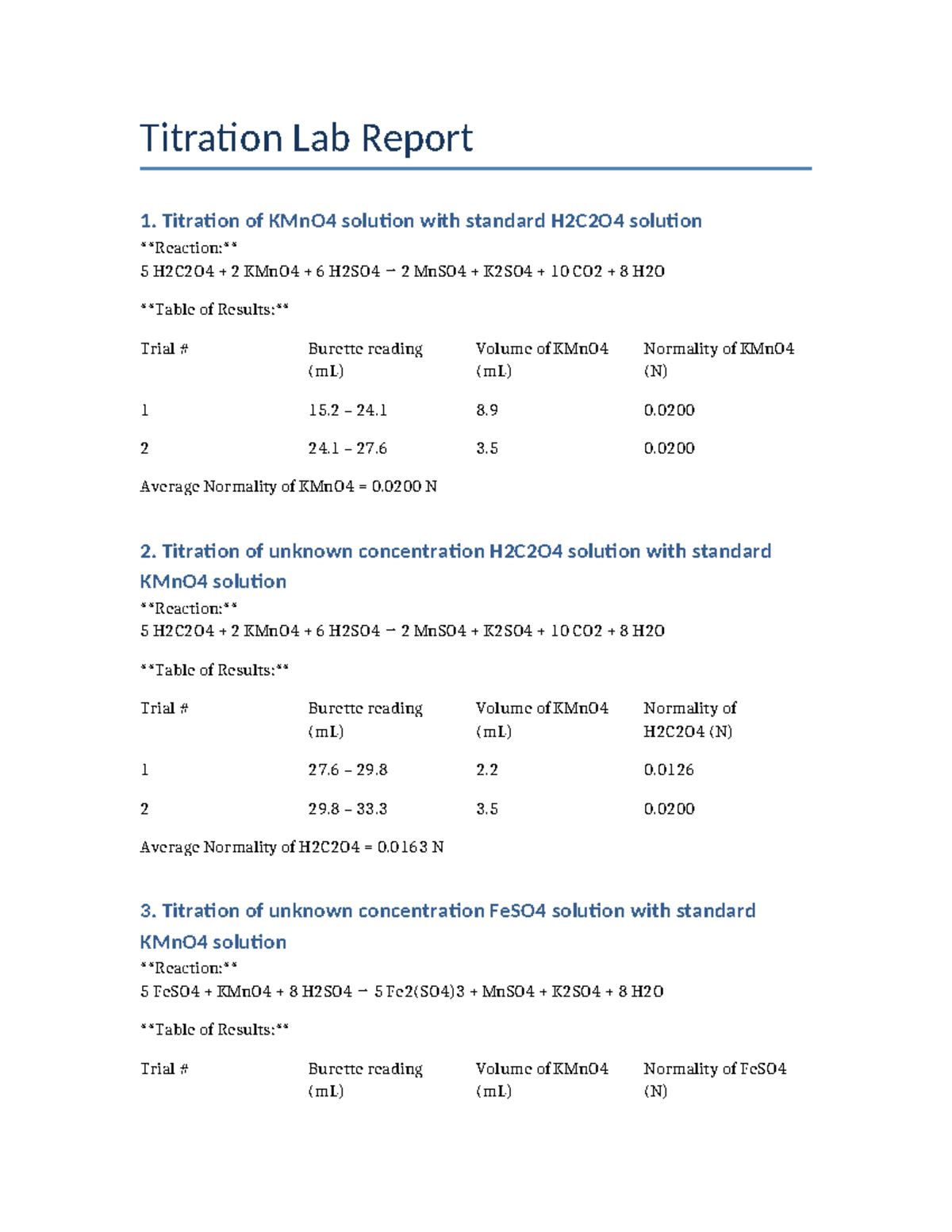Titration Lab Report: KMnO4 & H2C2O4 Analysis (Chem 101) - Studocu