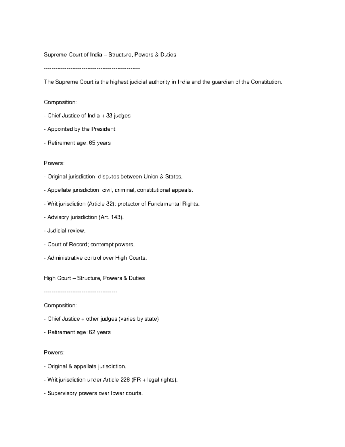 Supreme Court of India: Structure, Powers & Duties Overview - Studocu