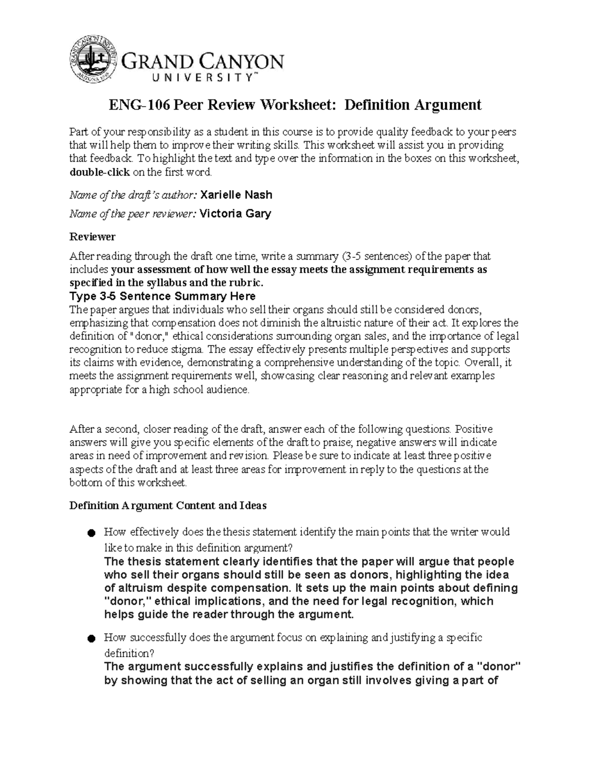 ENG106 Peer Review Worksheet: Definition Argument Feedback Guide - Studocu