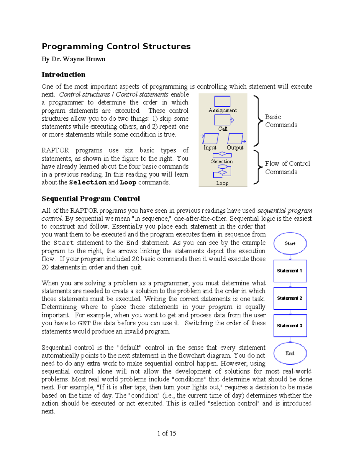 Programming Control Structures - Wayne Brown Introduction One of the most important aspects of ...
