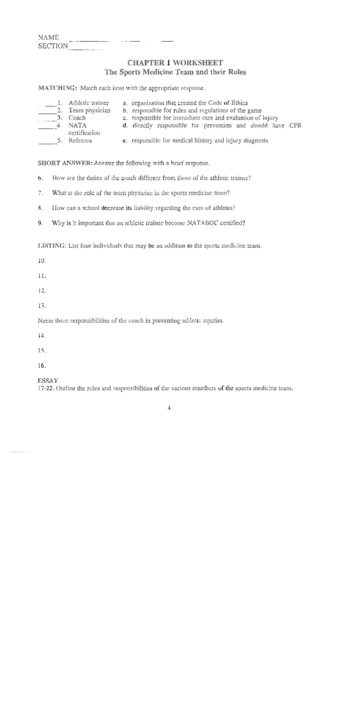 Ch 1 Worksheet - Roles in Sports Medicine Team (SMT 101) - Studocu