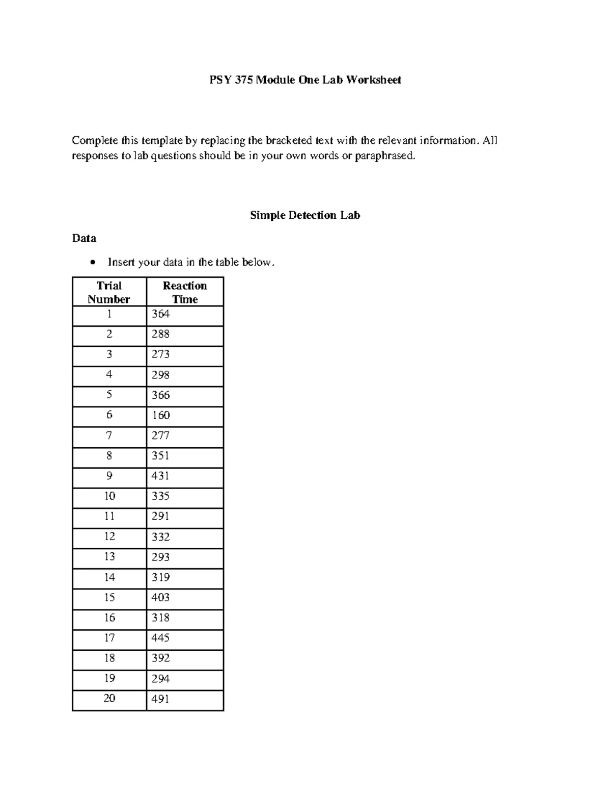 PSY 375 Module One Lab Worksheet - All responses to lab questions ...