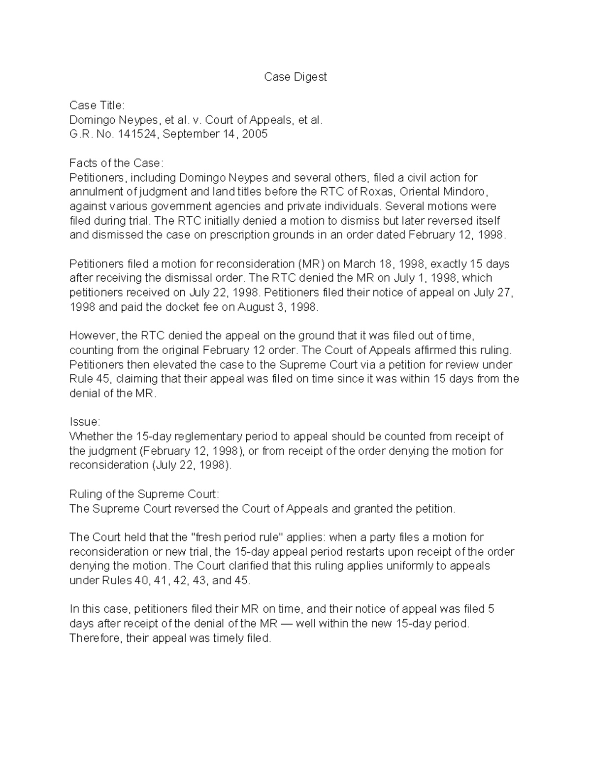CASE Digest: Neypes v. Court of Appeals (G.R. No. 141524) Analysis ...