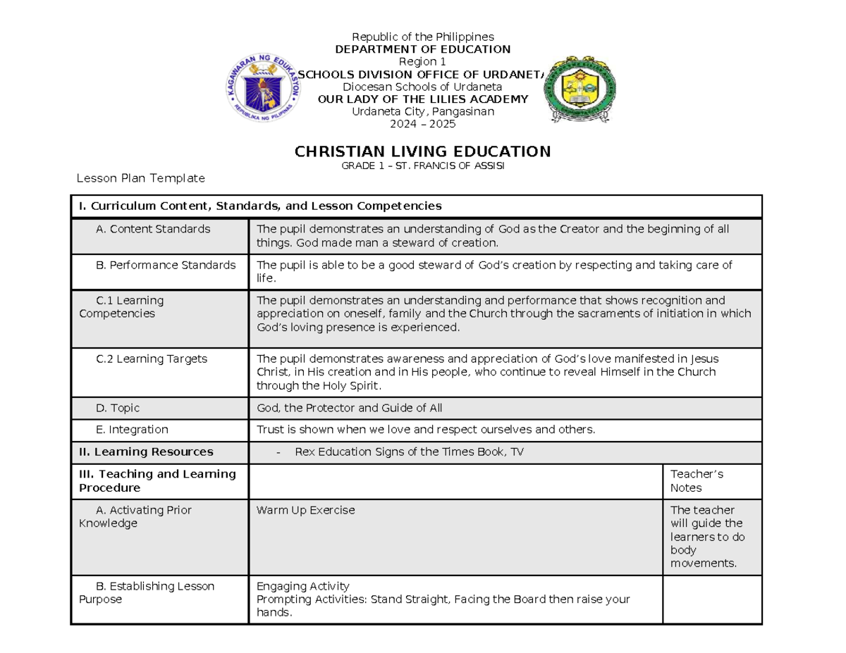 CLE 1 Lesson Plan: Understanding God as Creator and Steward - Studocu