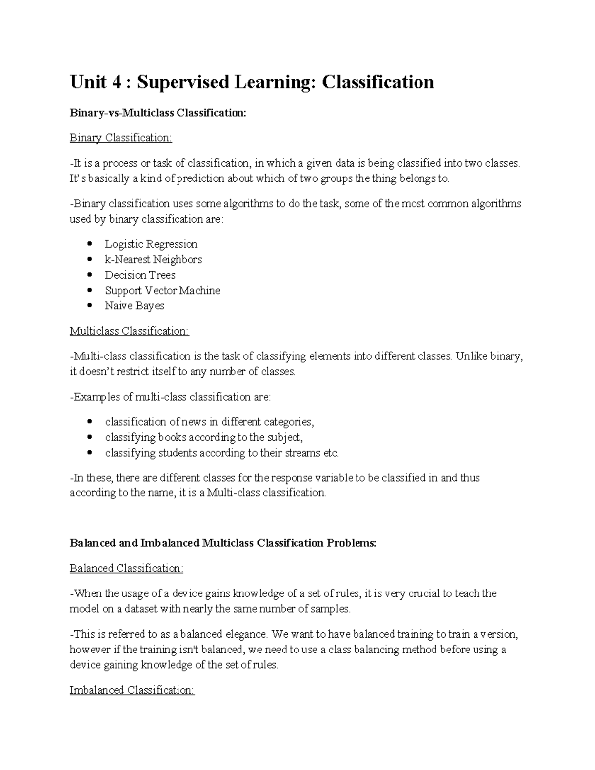 ML Unit 4 notes - Unit 4 : Supervised Learning: Classification Binary ...