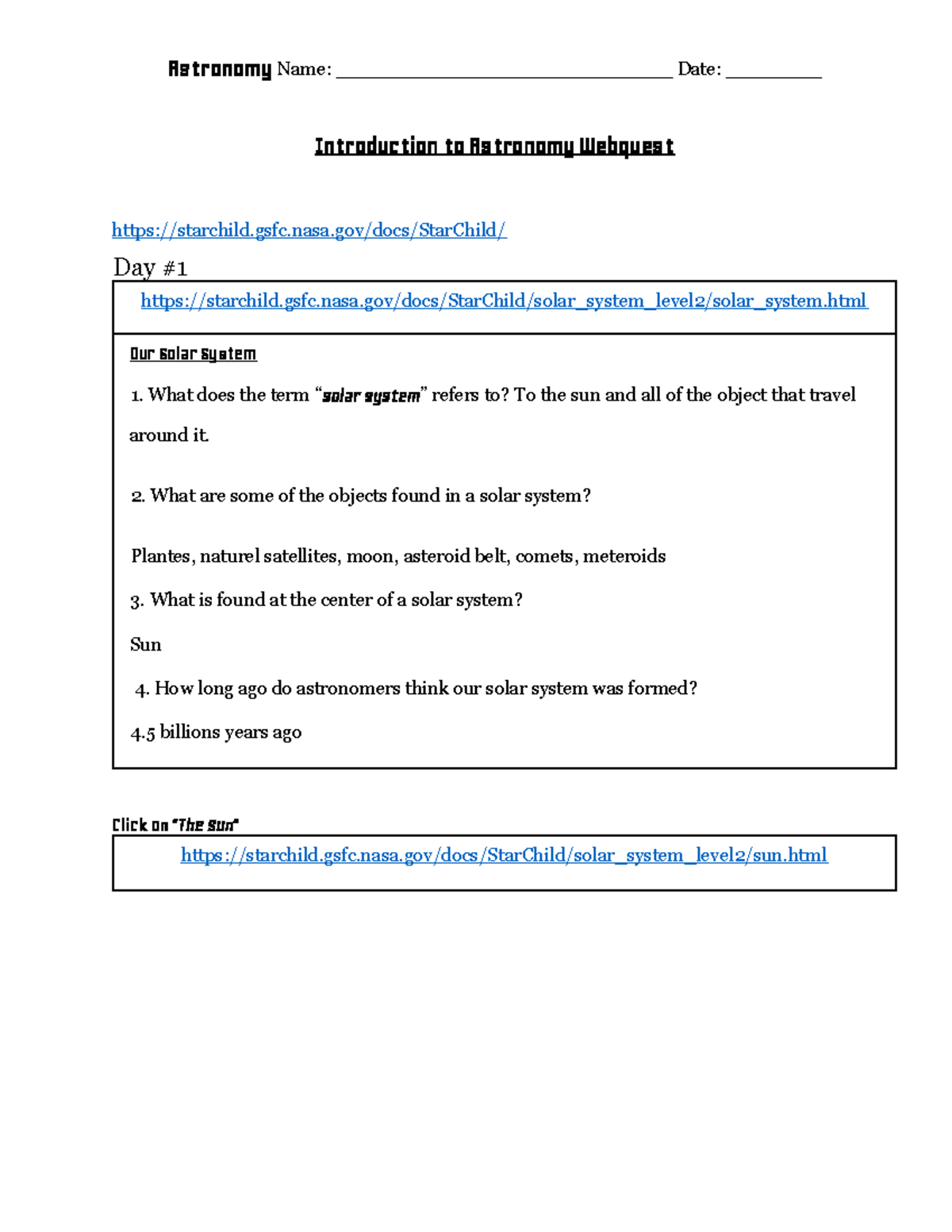 Intro to Astronomy Webquest: Exploring Our Solar System and Beyond ...