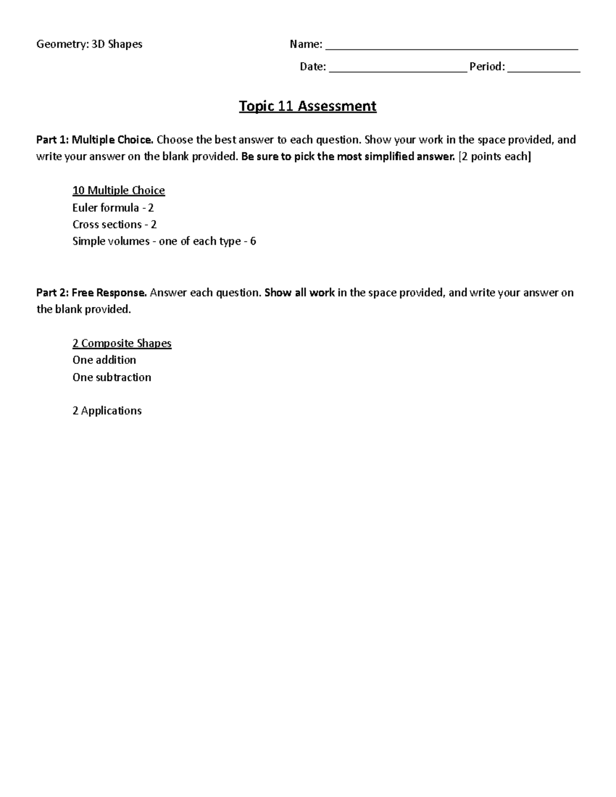 Topic 11 Geometry Test: 3D Shapes Assessment - Studocu