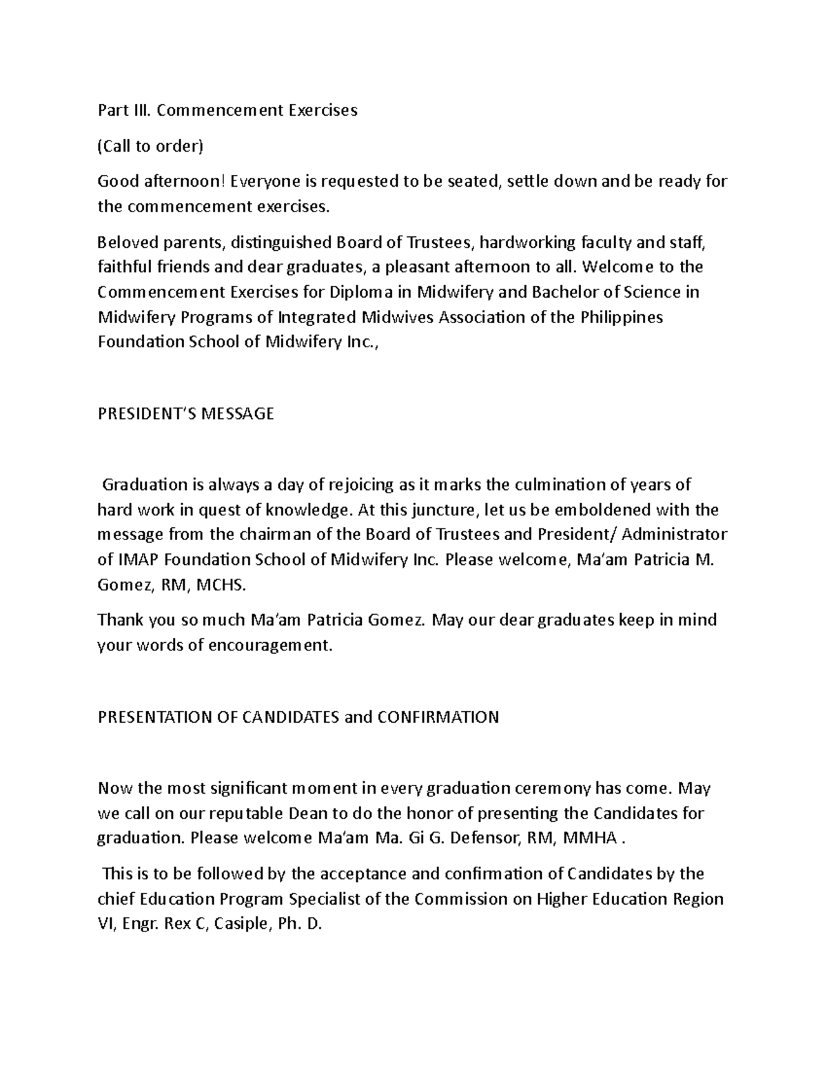 Gradscript - Commencement Emcee Script for Midwifery Programs - Studocu