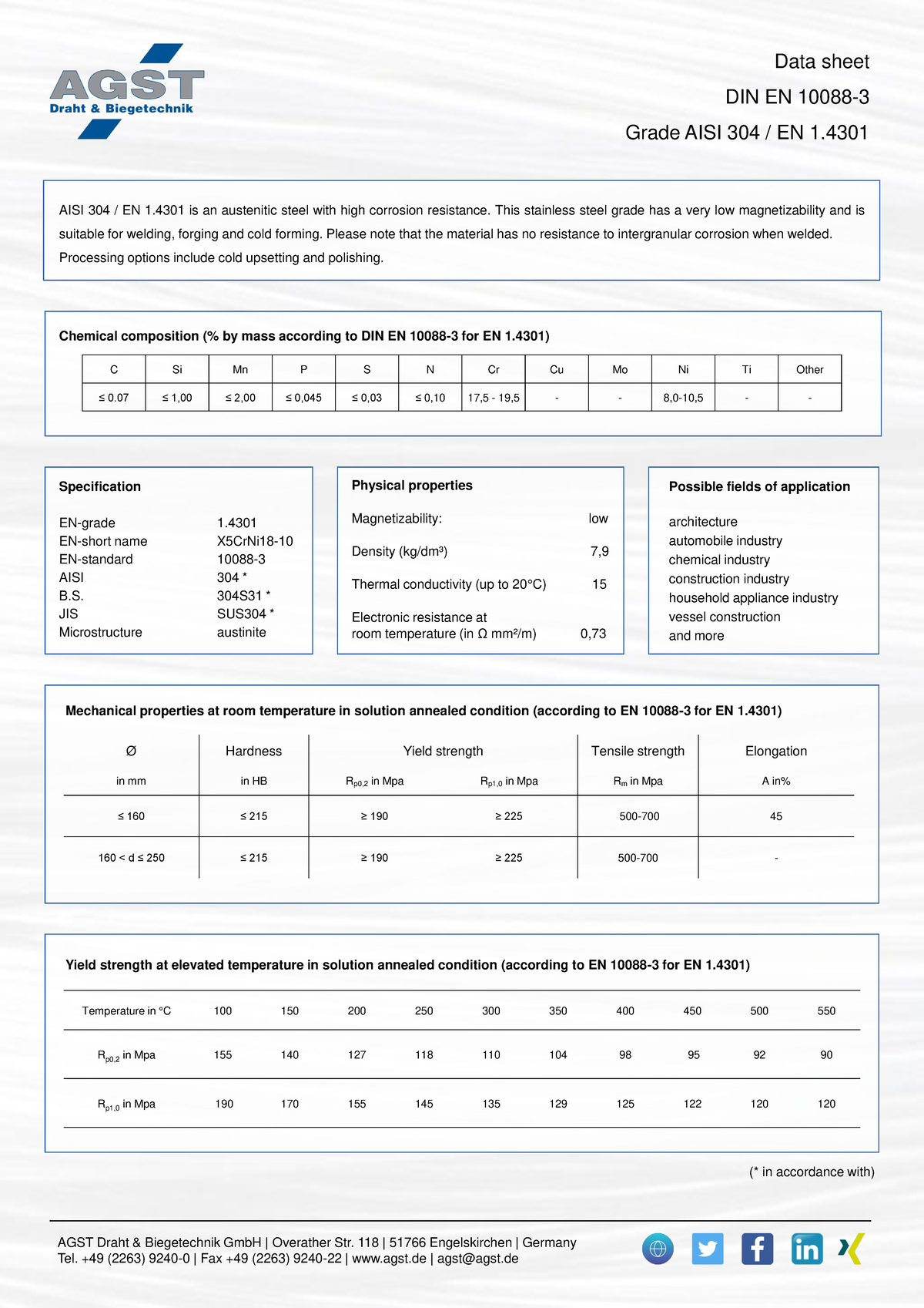Data Sheet: Stainless Steel AISI 304 (DIN EN 10088) Overview - Studocu