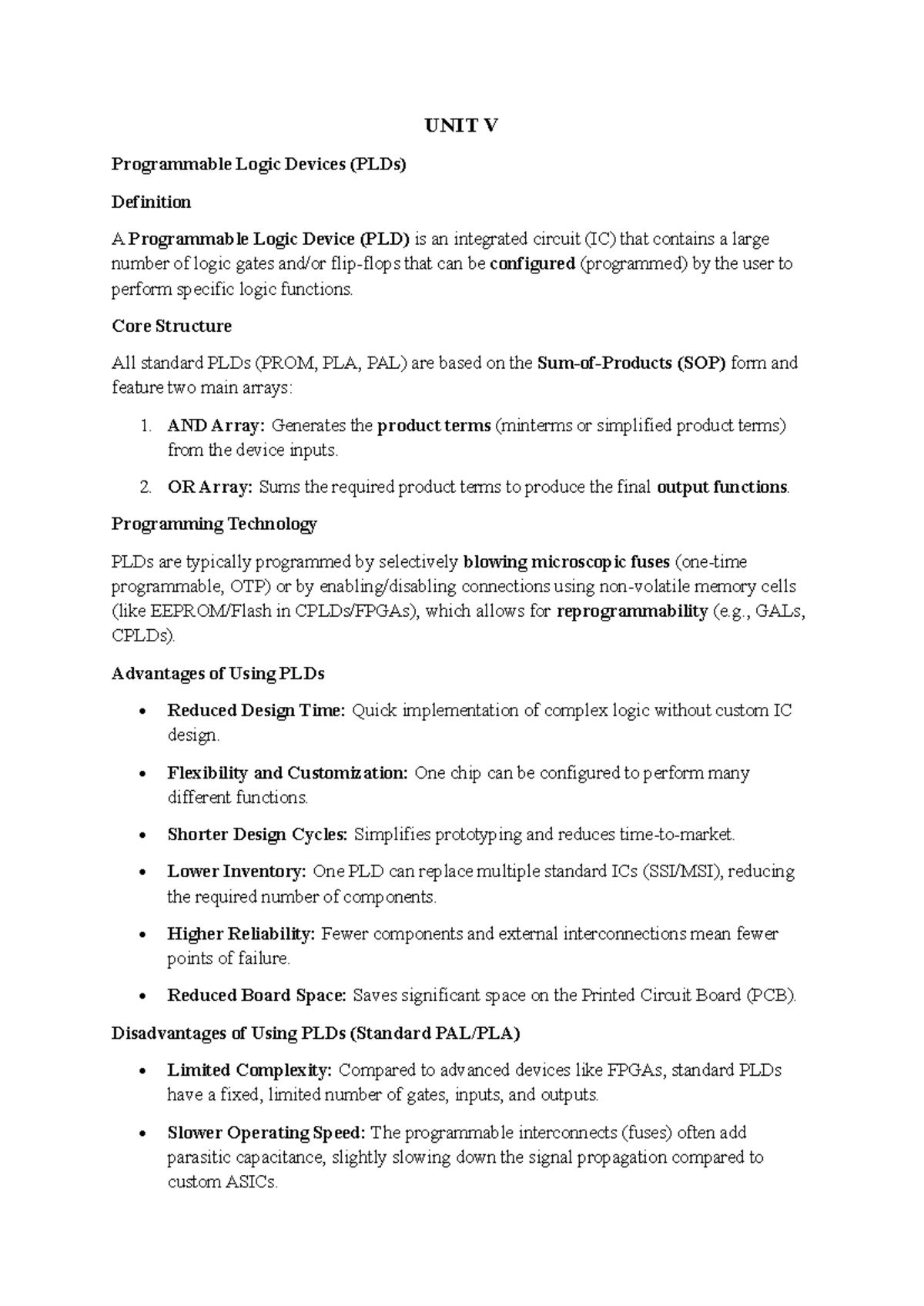 UNIT V - Notes on Programmable Logic Devices (PLDs) for SE - Studocu