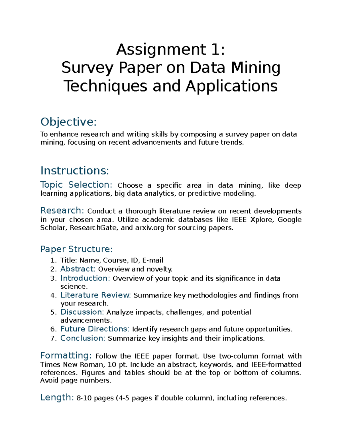 Assignment 1 - Survey Paper on Data Mining Techniques and Applications ...