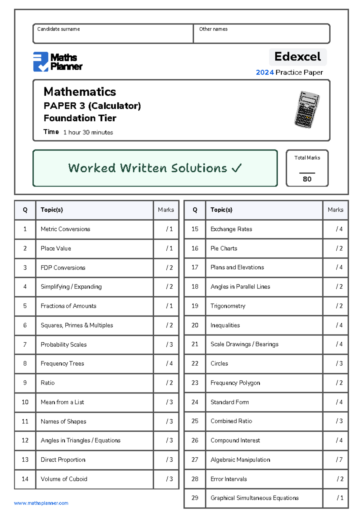 Edexcel 2024 Math Paper 3 (Calculator) Foundation Worked Solutions ...