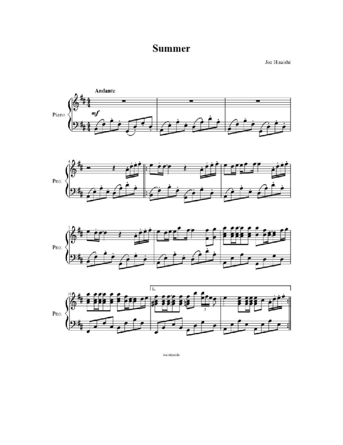Summer Joe Hisaishi Piano Sheet Music for Andante - Studocu