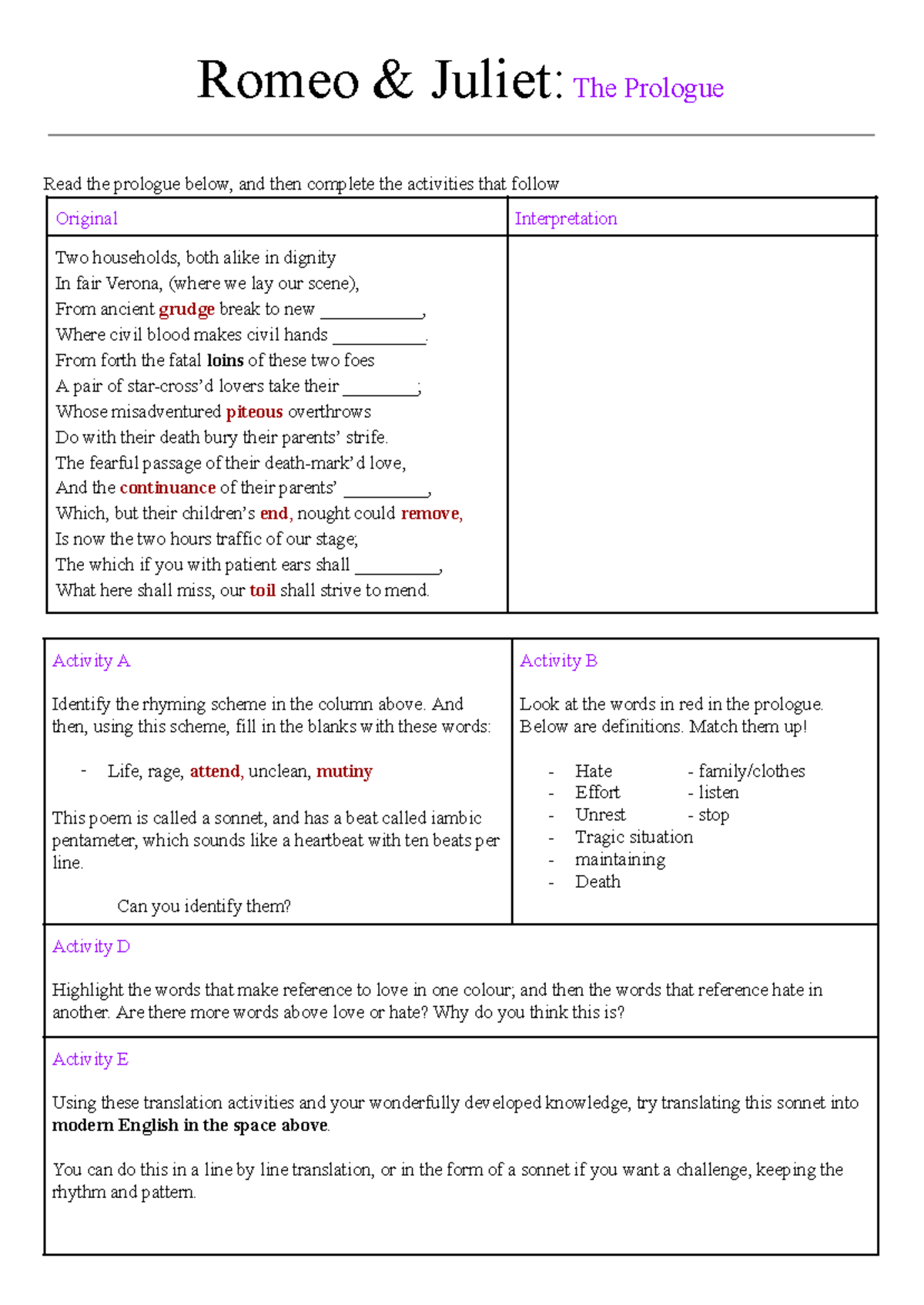 Romeo & Juliet Prologue Analysis and Activities - [ENG101] - Studocu