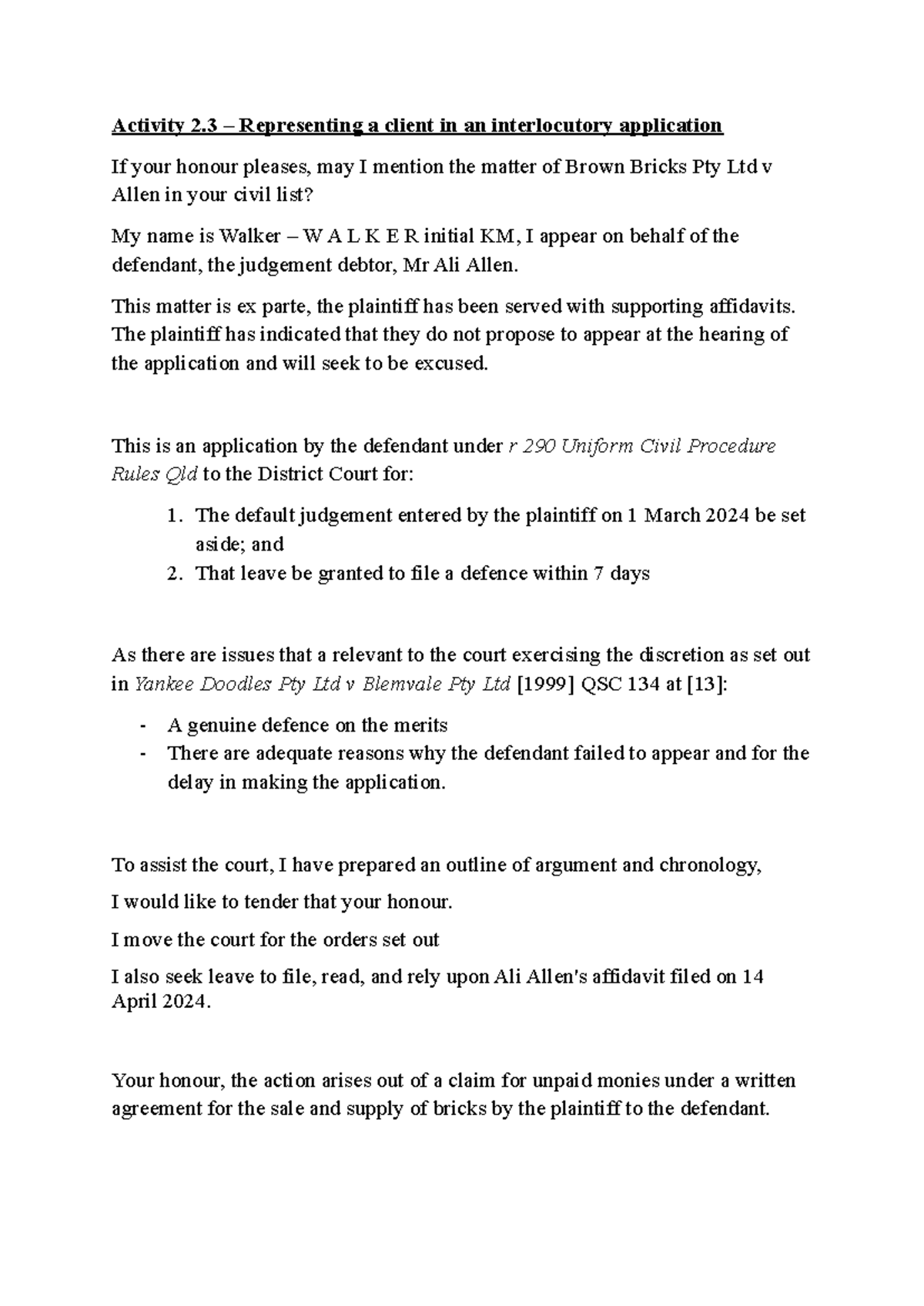 Activity 2.3: Interlocutory Application Representation Script - Studocu