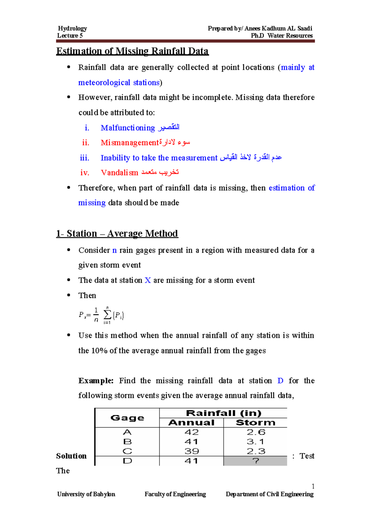 Hydrology Lecture 5: Estimating Missing Rainfall Data - Studocu