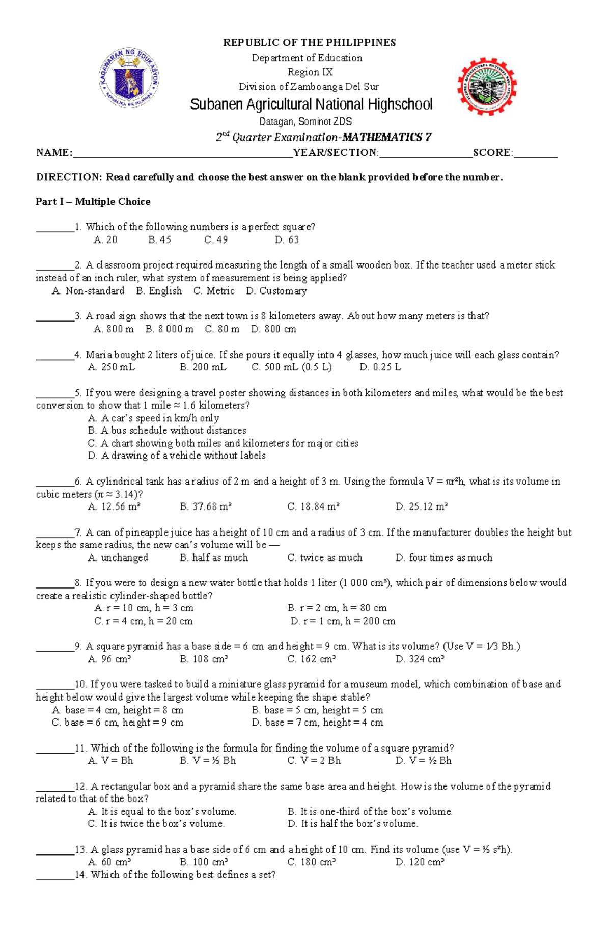 ZDS 2ND PERIODICAL TEST IN MATHEMATICS 7: Volume & Measurement Concepts ...