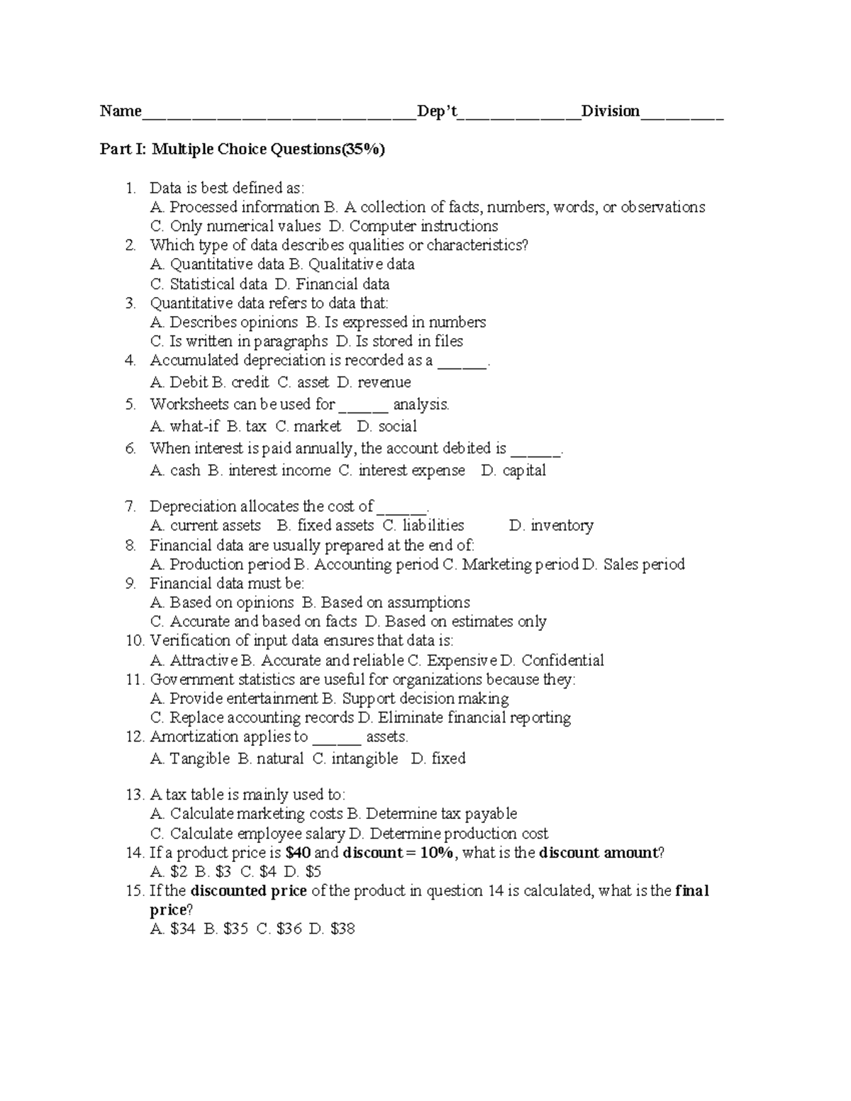 Final Exam - Multiple Choice Questions on Data and Finance - Studocu