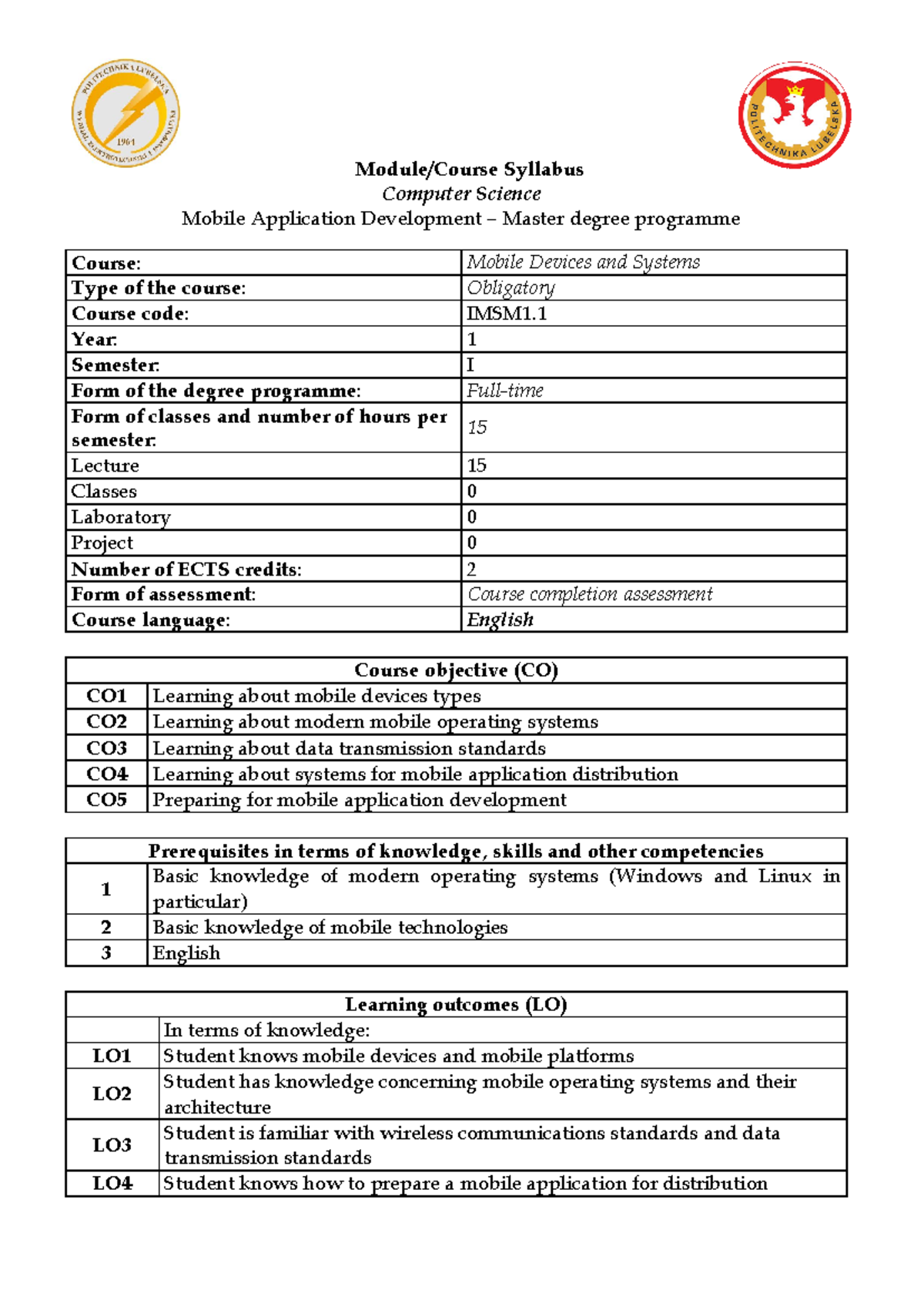 Mobile Application Development - Module/Course Syllabus Computer ...