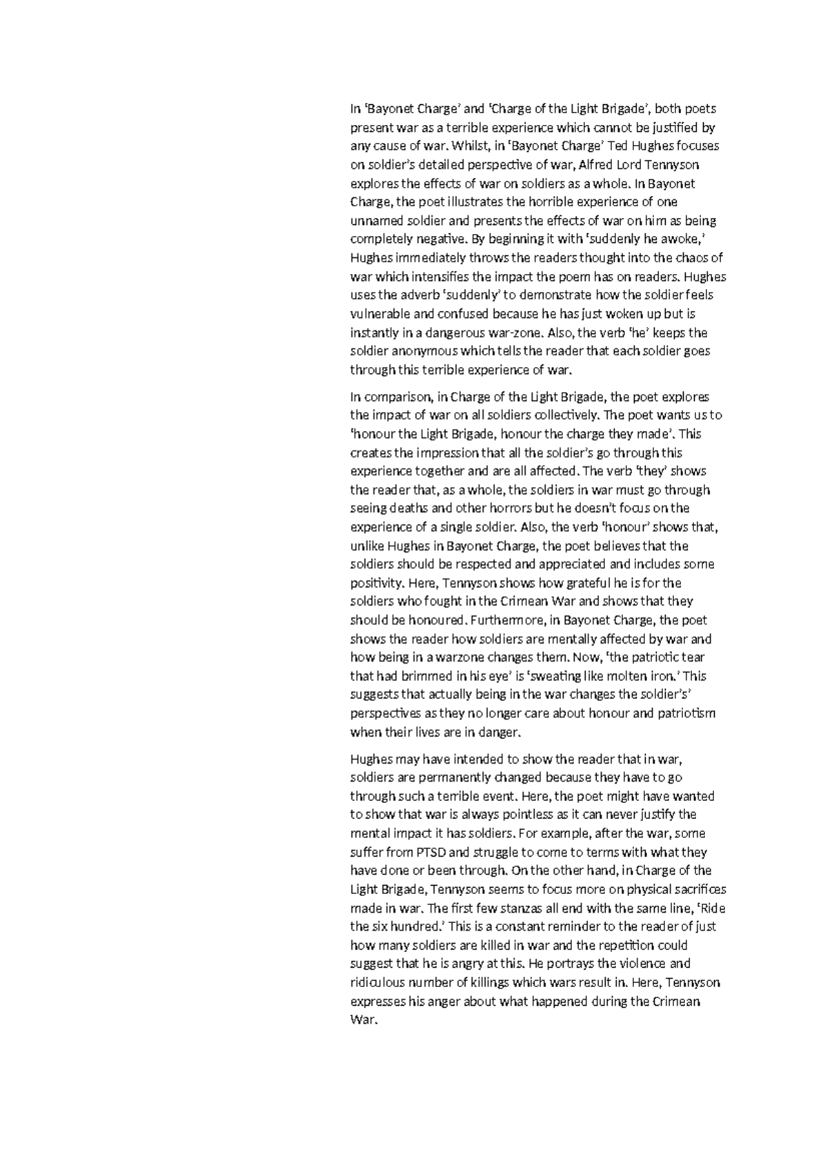 Comparative Analysis of War in Hughes' "Bayonet Charge" and Tennyson's ...