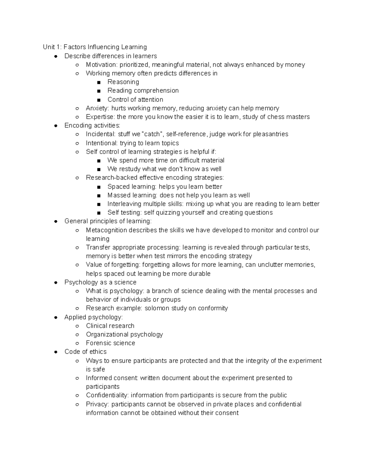 PSYC 101: Unit 1 - Influencing Factors in Learning & Psychology - Studocu