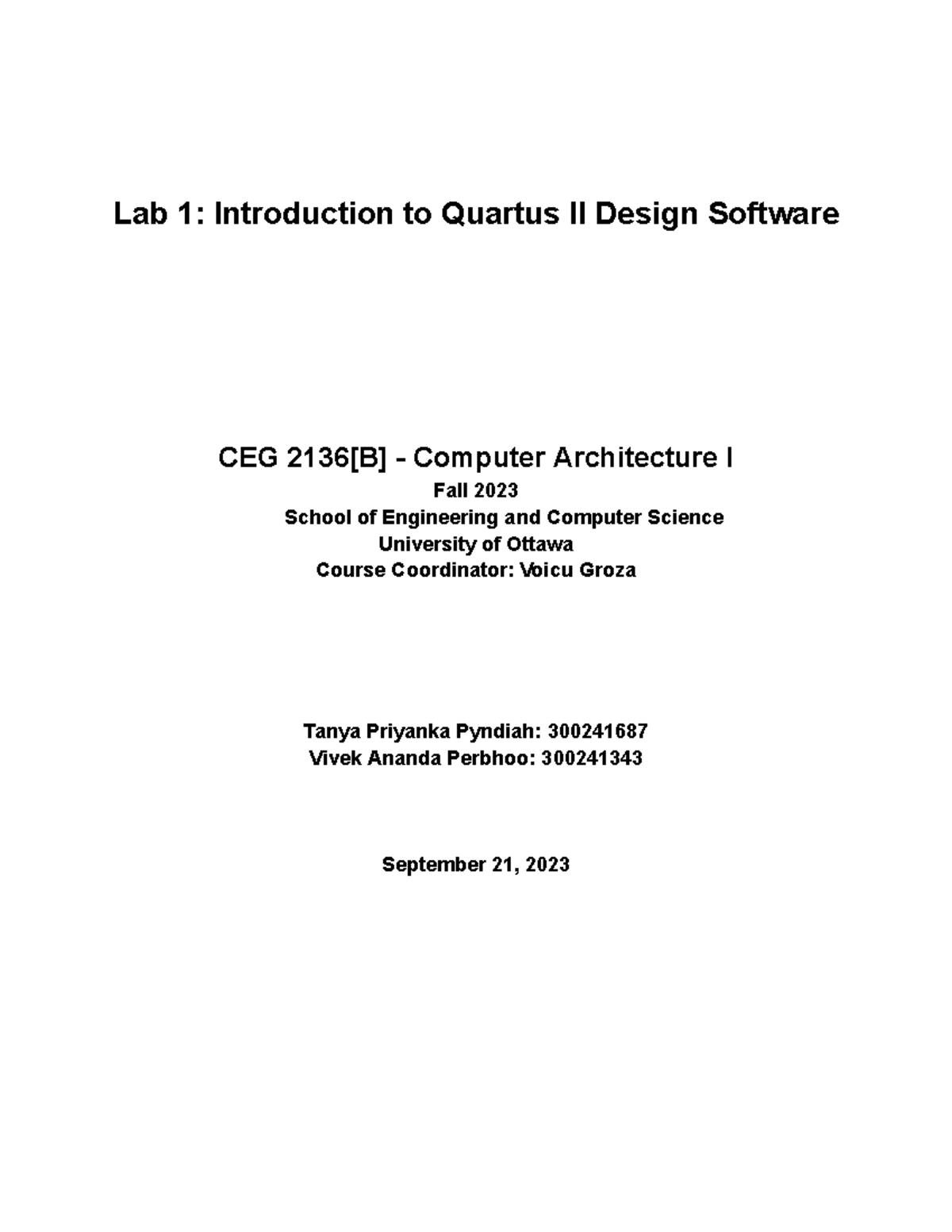 CEG 2136 LAB 1 - First Lab report on Altera card - Lab 1: Introduction to Quartus II Design ...