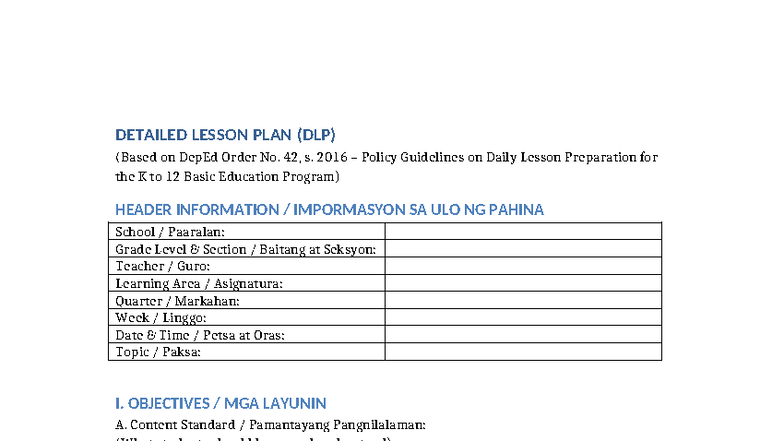 Detailed Lesson Plan (DLP) Template for K to 12 Education - Studocu